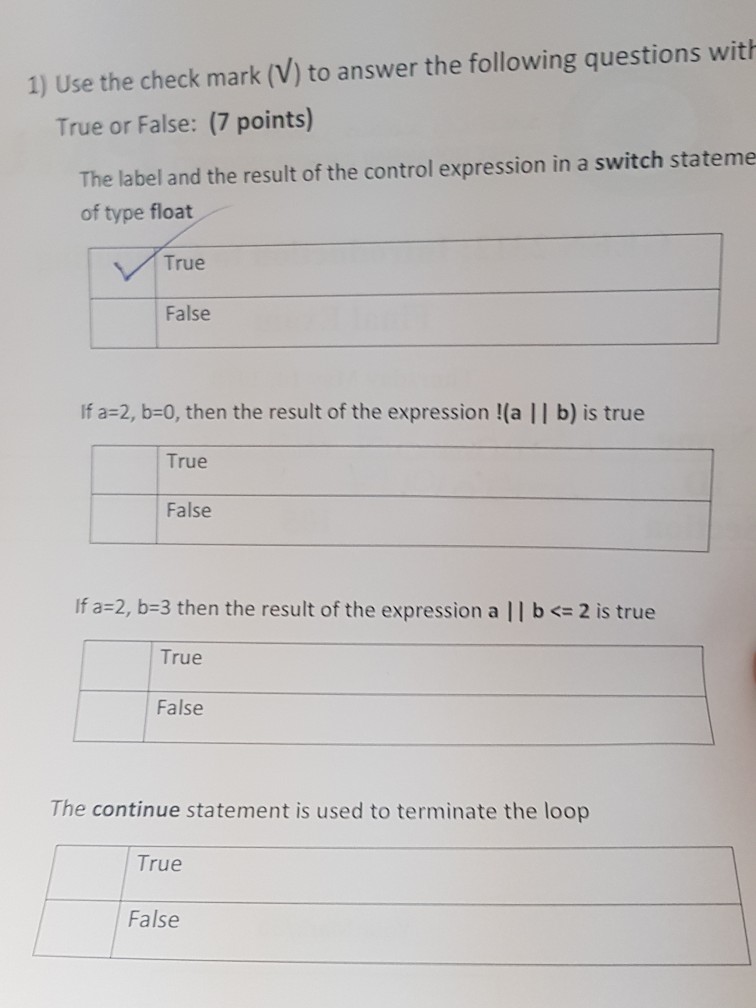 Solved 1) Use the check mark (V) to answer the following | Chegg.com