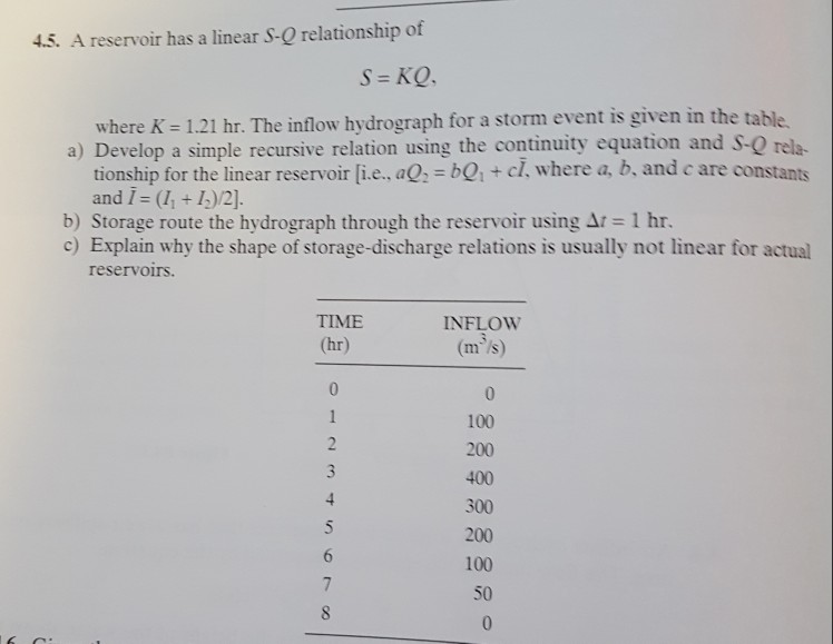 Solved 4.5. A reservoir has a linear S-Q relationship of S | Chegg.com