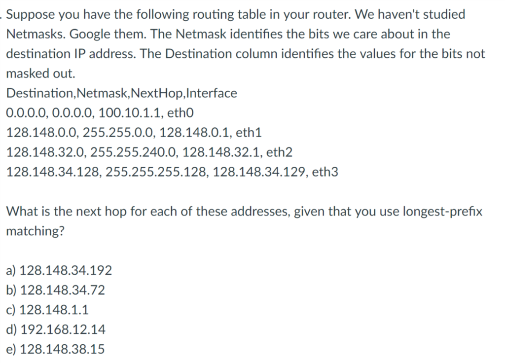 Solved Suppose you have the following routing table in your | Chegg.com