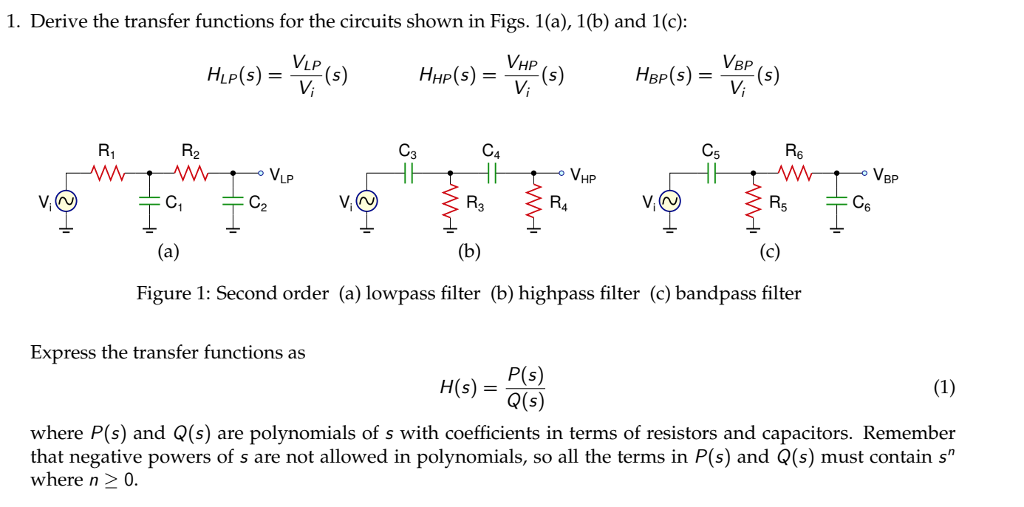 Solved 1. Derive the transfer functions for the circuits | Chegg.com