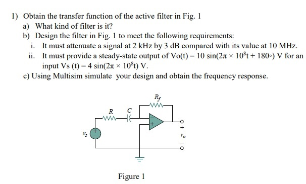 Solved 1) Obtain the transfer function of the active filter | Chegg.com