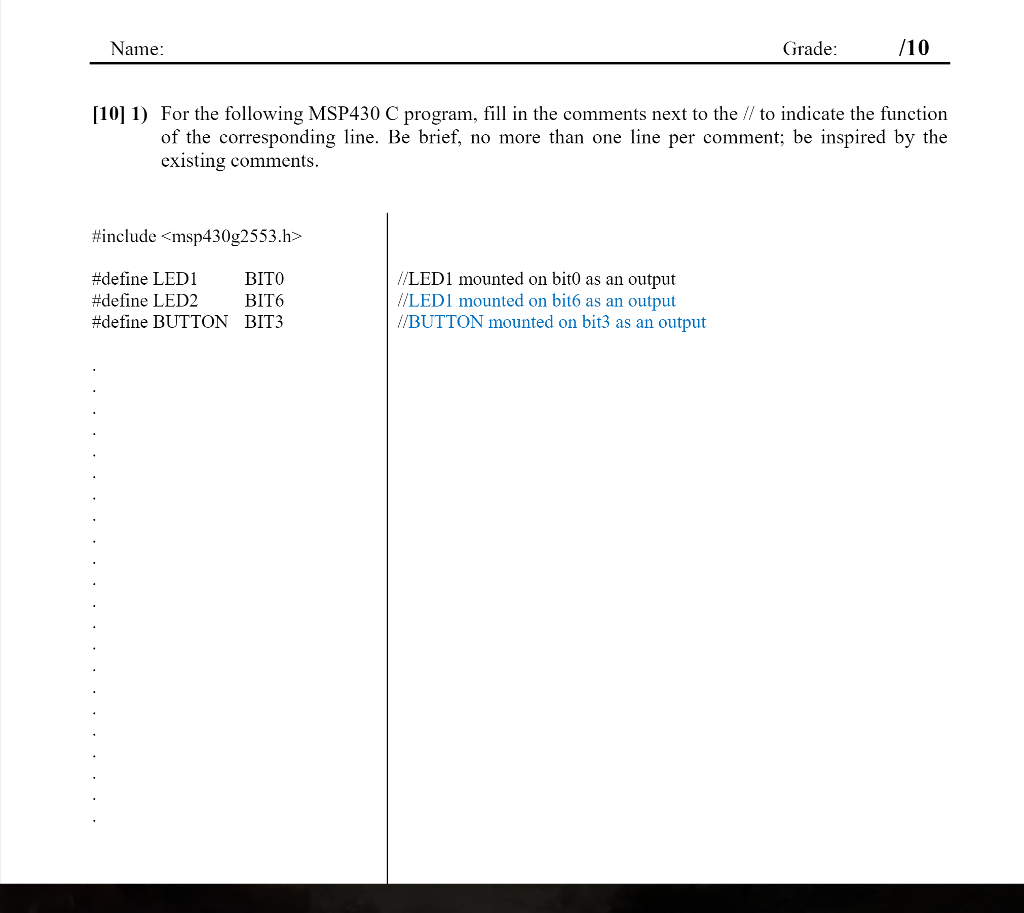 For The Following Msp430 C Program Fill In The