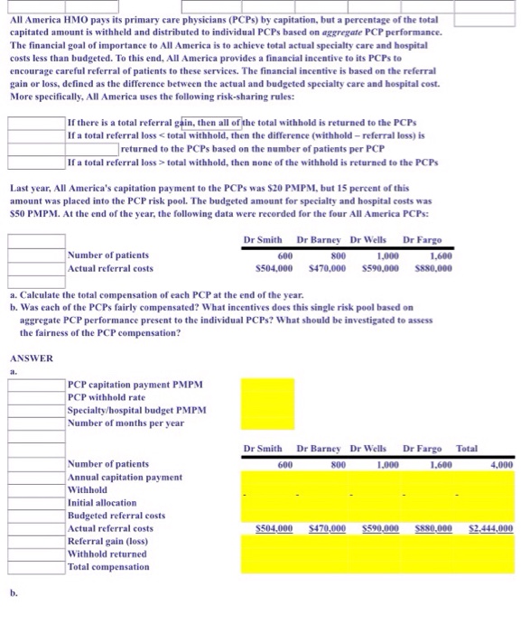 Solved All America HMO pays its primary care physicians | Chegg.com