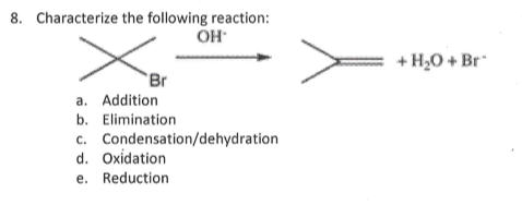 Solved 8. Characterize the following reaction: OH = + H2O + | Chegg.com