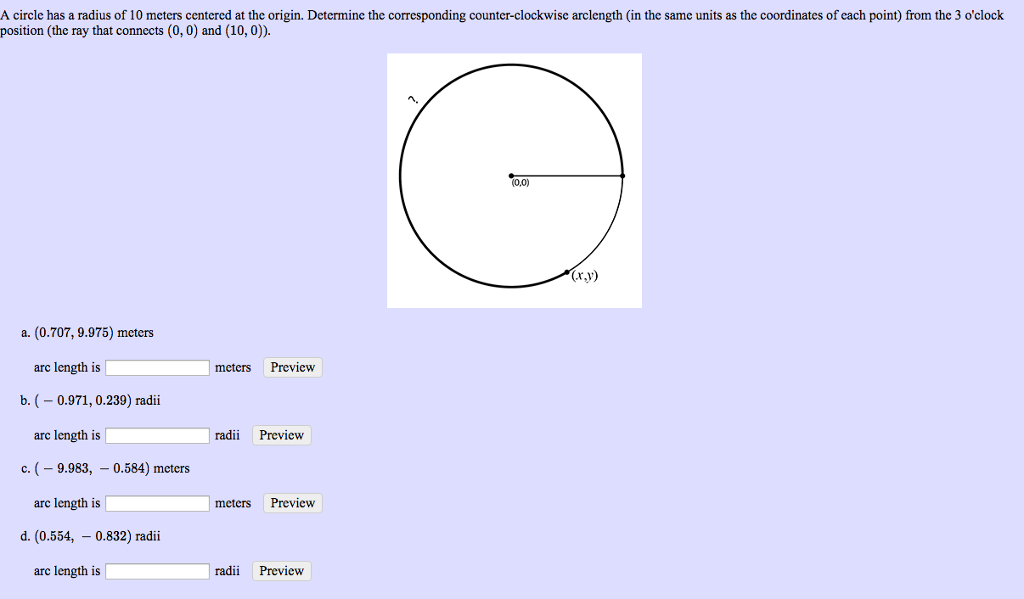Solved A circle has a radius of 10 meters centered at the | Chegg.com