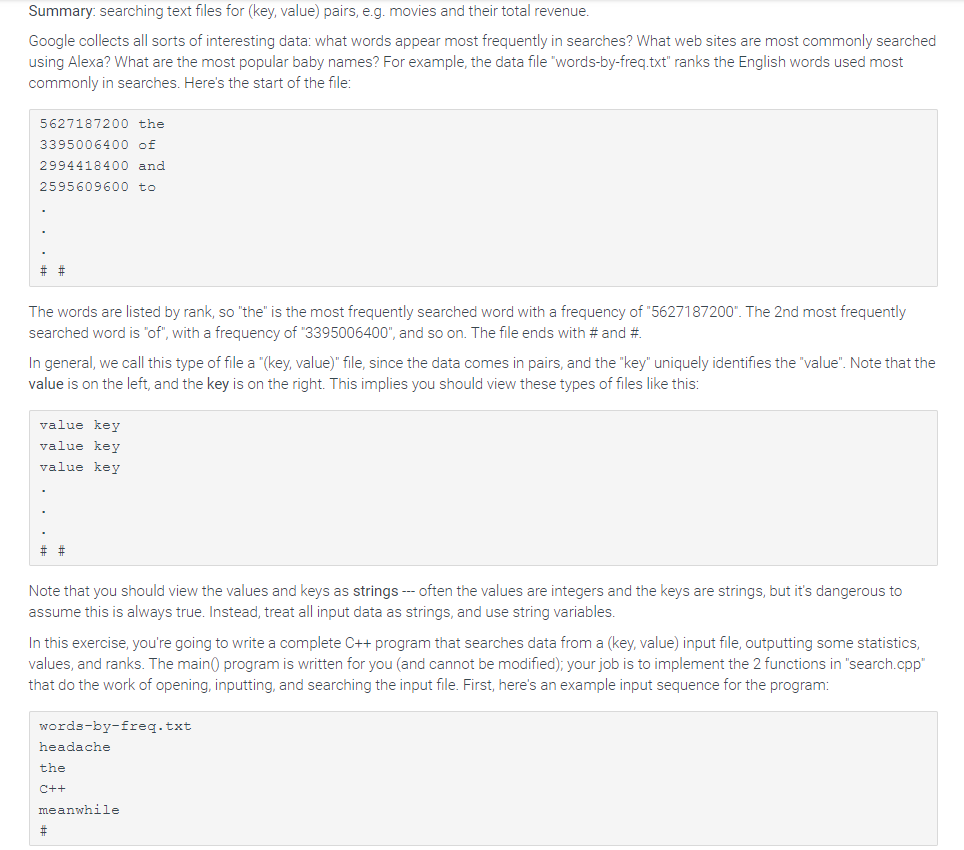 Solved Summary: searching text files for (key, value) pairs, | Chegg.com
