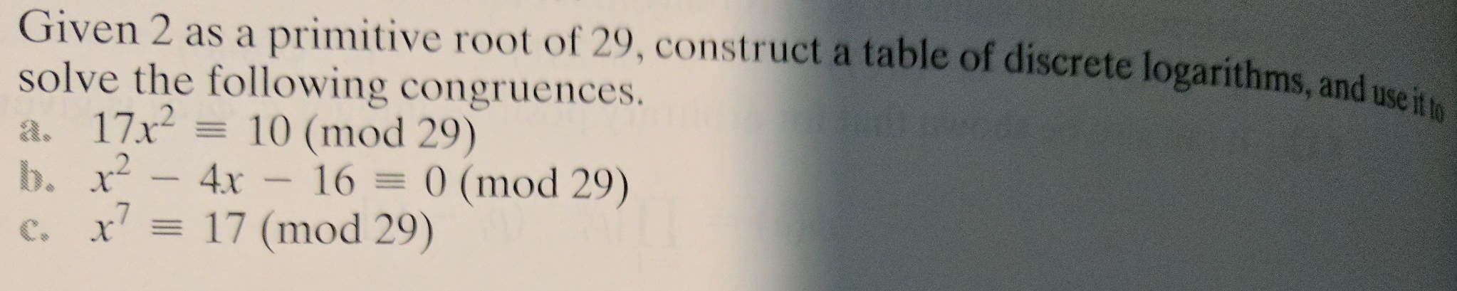 Given 2 as a primitive root of 29, construct a table | Chegg.com
