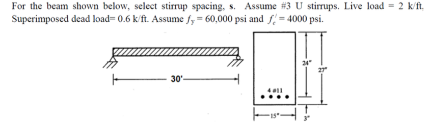 Solved For the beam shown below, select stirrup spacing, s. | Chegg.com