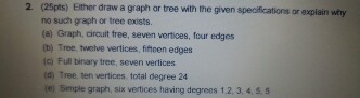 Solved Either draw a graph or tree with the given | Chegg.com