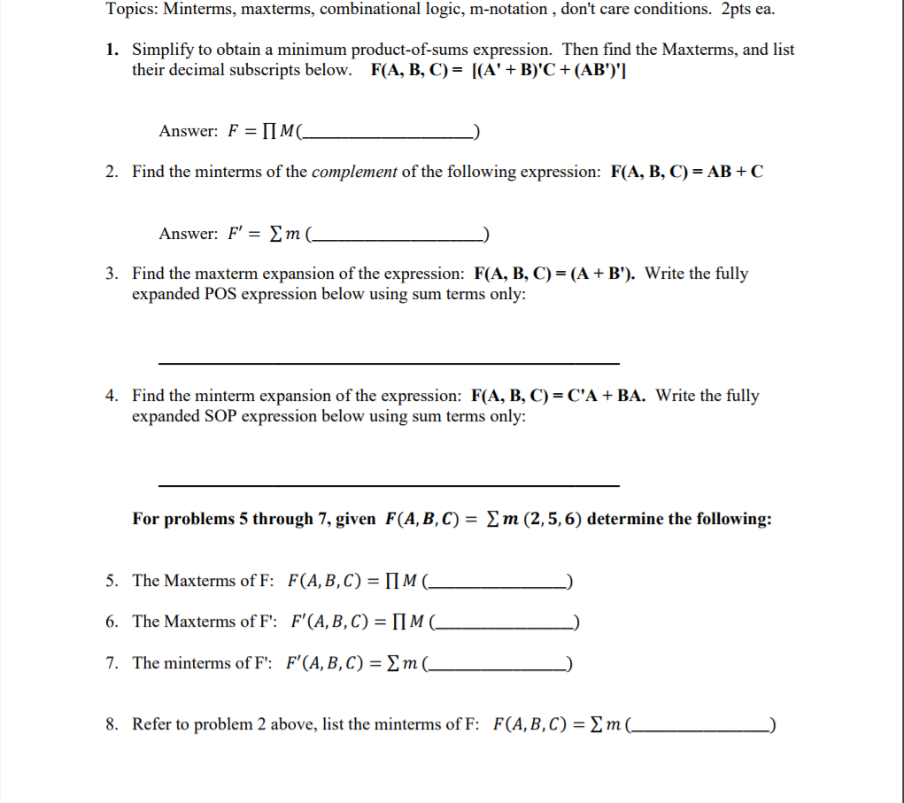 Solved Topics: Minterms, maxterms, combinational logic, | Chegg.com