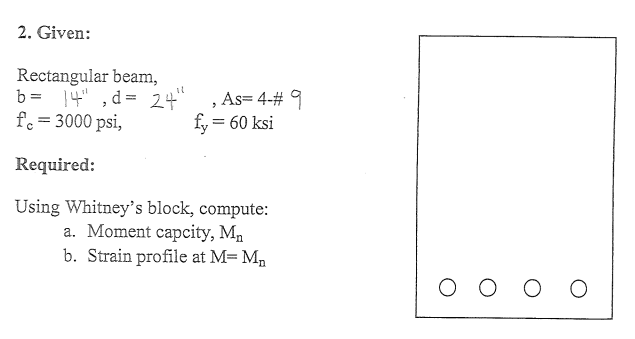 Solved 2. Given: Rectangular beam, fc = 3000 psi, f, 60 ksi | Chegg.com