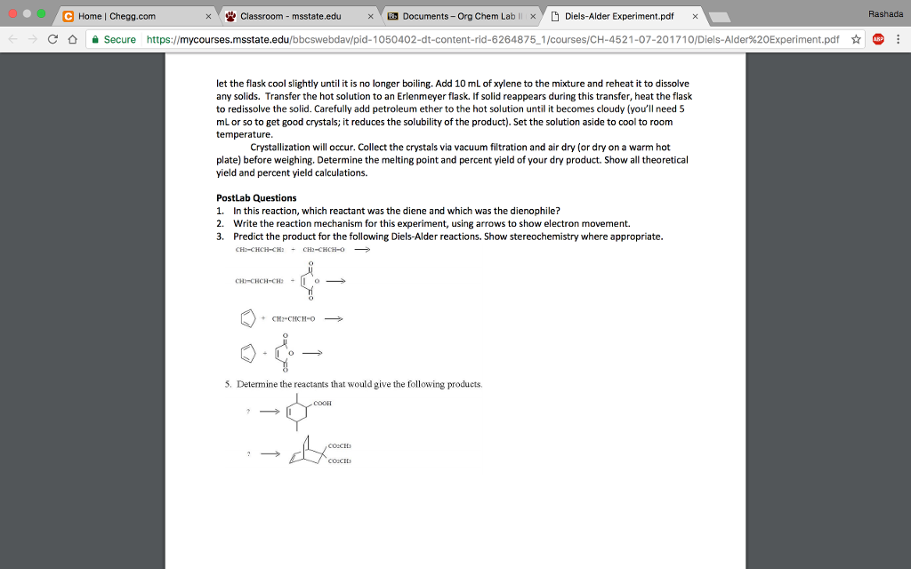 Solved x M Classroom msstate.edu x Documents Org Chem Lab Il | Chegg.com