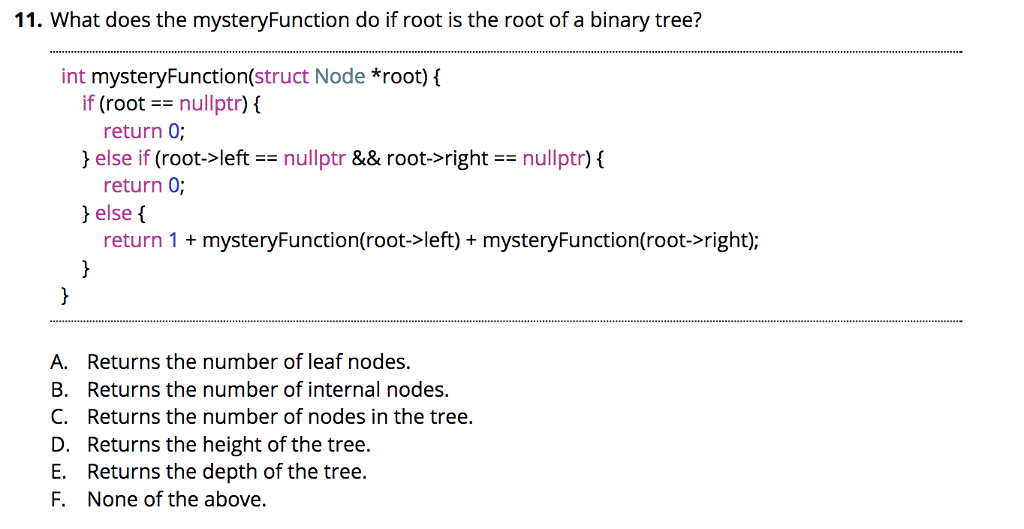 Solved 11. What does the mysteryFunction do if root is the | Chegg.com