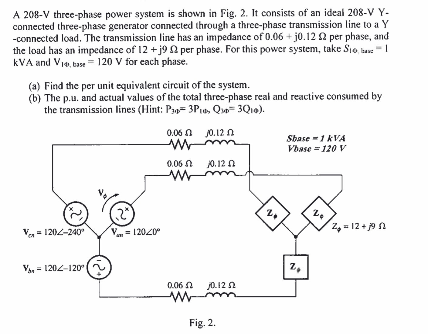 Solved A 208-V three-phase power system is shown in Fig. 2. | Chegg.com