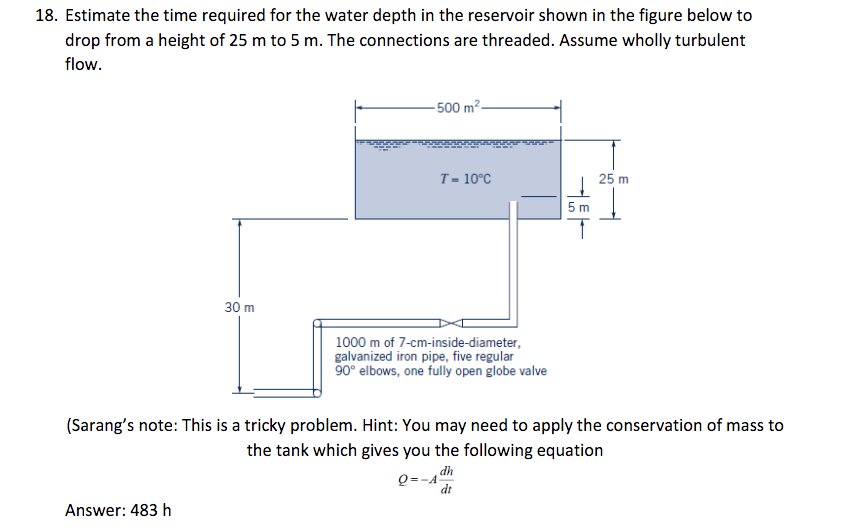 18. Estimate the time required for the water depth in | Chegg.com