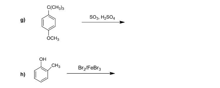 Solved C(CH3)3 SO3, H2SO4 g) ÖCH3 ?? Br2/FeBr3 h) | Chegg.com