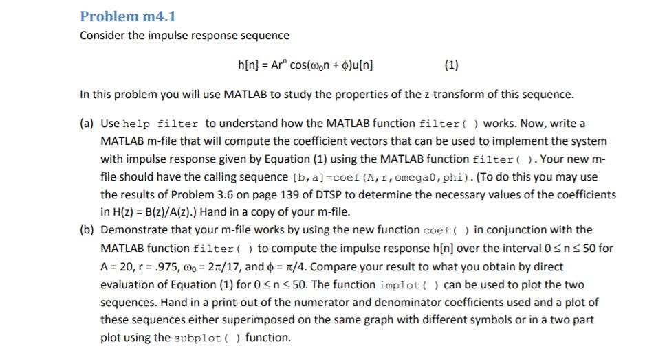 Solved Problem m4.1 Consider the impulse response sequence | Chegg.com