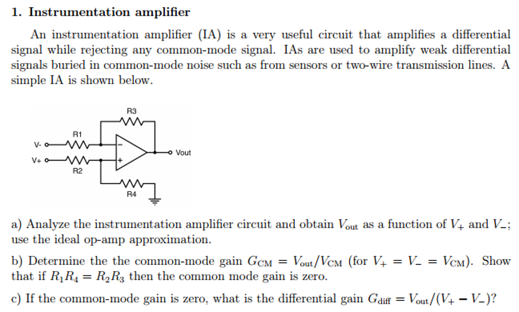 Solved An instrumentation amplifier (IA) is a very useful | Chegg.com