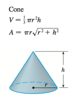 Solved Cone V =1/3 pi r^2h A = pi r square root(r^2+ h^2) | Chegg.com