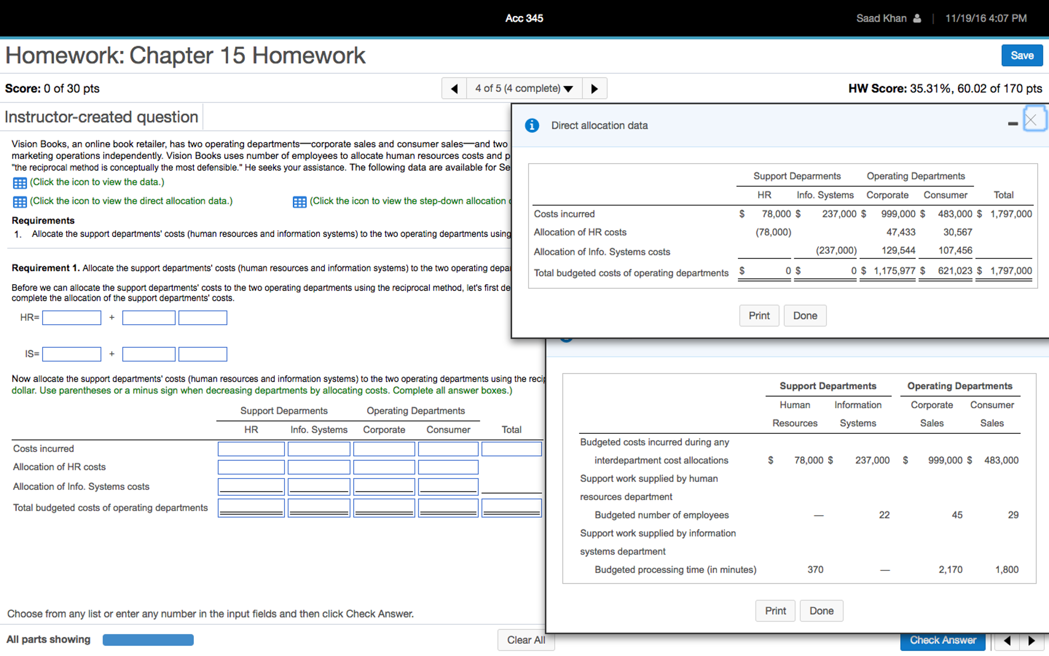 Solved Acc 345 Saad Khan 11/19/16 4:07 PM Homework: Chapter | Chegg.com