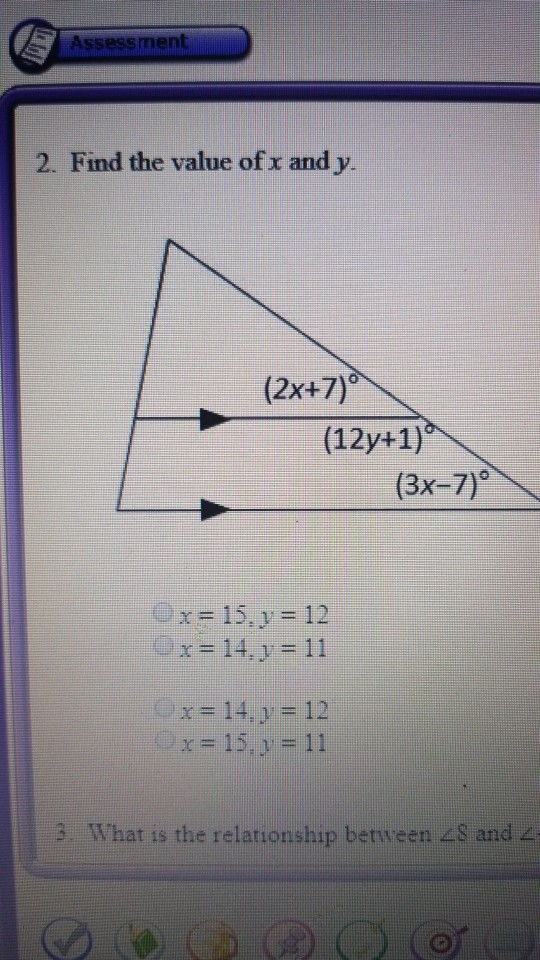 Solved Assessment 2. Find the value of x and y (2x+7) | Chegg.com