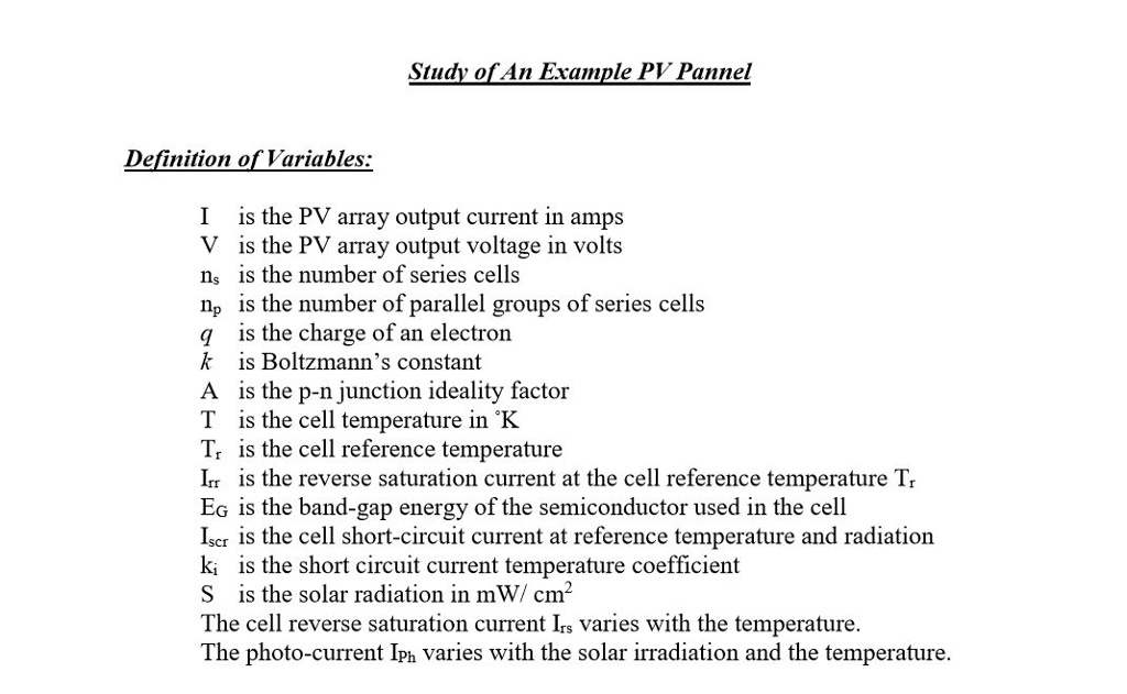 Solved Study of An Example PV Pannel Definition of | Chegg.com
