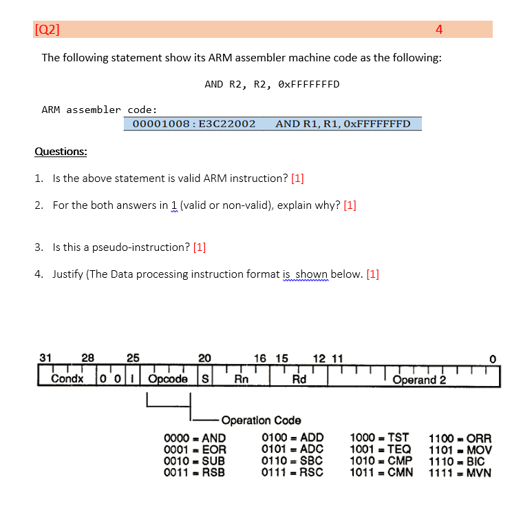 Solved [02) 4 The following statement show its ARM assembler | Chegg.com