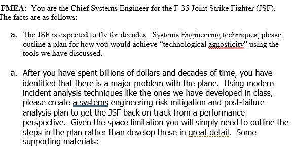 Solved FMEA: You are the Chief Systems Engineer for the F-35 | Chegg.com