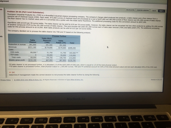 Solved Problem 20-3A (Part Level Submission Thompson | Chegg.com