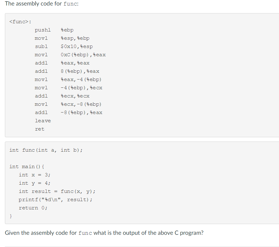 Solved The assembly code for func: | Chegg.com