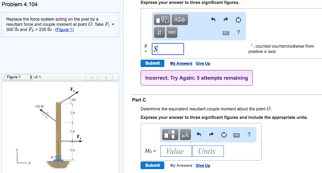 Solved Problem 4.104 Replace the force system acting on the | Chegg.com