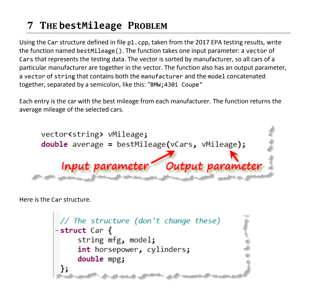 Solved 7 THE bestMileage PROBLEM Using the Car structure | Chegg.com