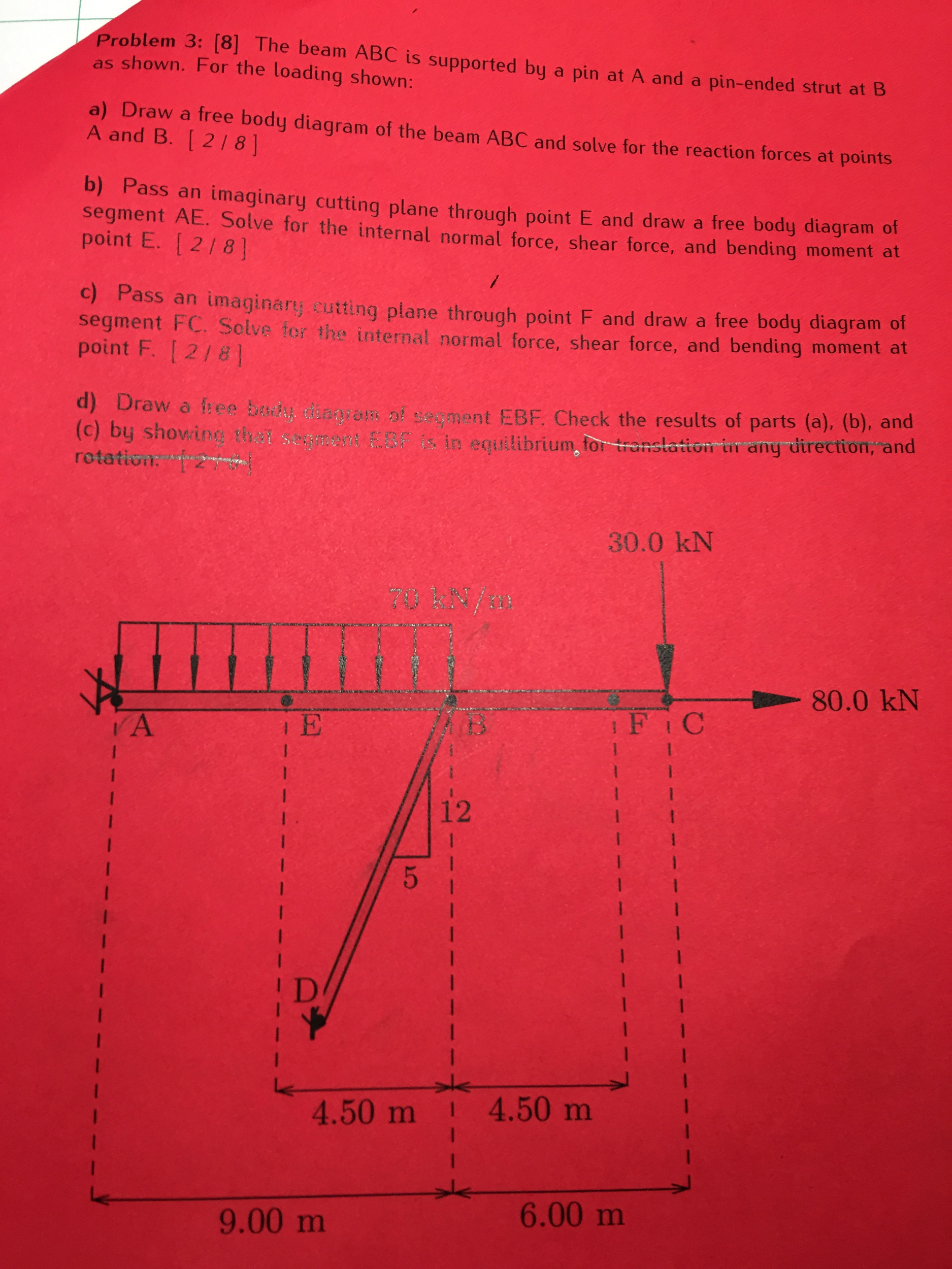 Solved Problem 3: [8] The beam ABC is supported by a pin at | Chegg.com