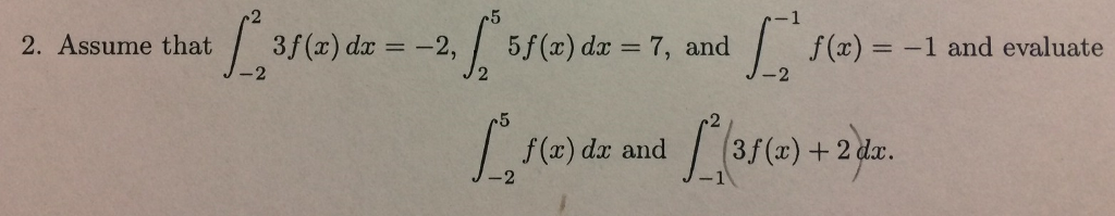 Solved Assume that integral^2 _-2 3 f(x) dx = -2, integral^5 | Chegg.com