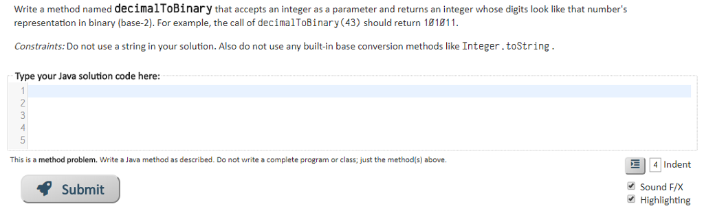 Solved Write a method named decimalToBinary that accepts an | Chegg.com