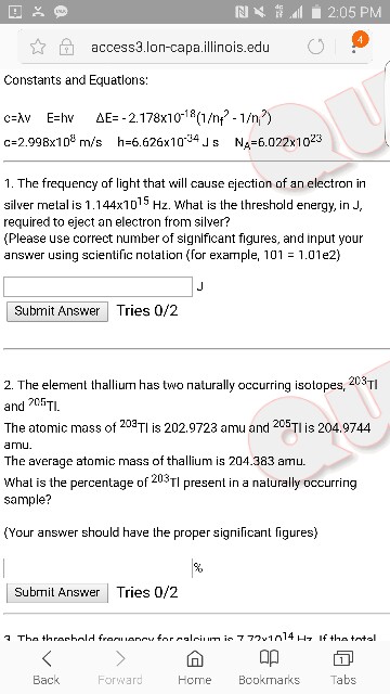 Solved Nl 2:05 PM access3.lon-capa.illinois.edu | Chegg.com