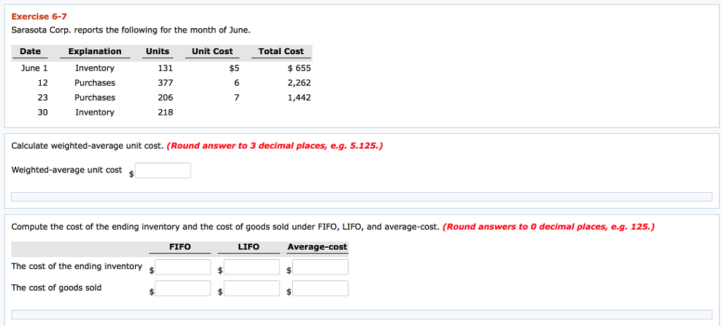 Solved Exercise 6-7 Sarasota Corp. reports the following for | Chegg.com