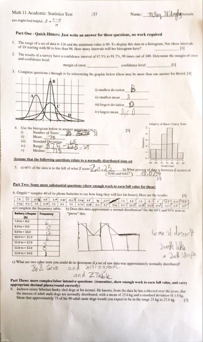 Solved Math 11 Academic: Statistics Tes /37 Name Part Ose - | Chegg.com