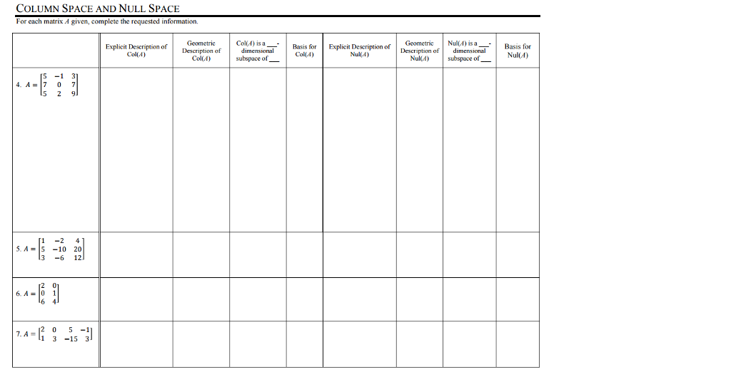 Solved For each matrix A given, complete the requested | Chegg.com