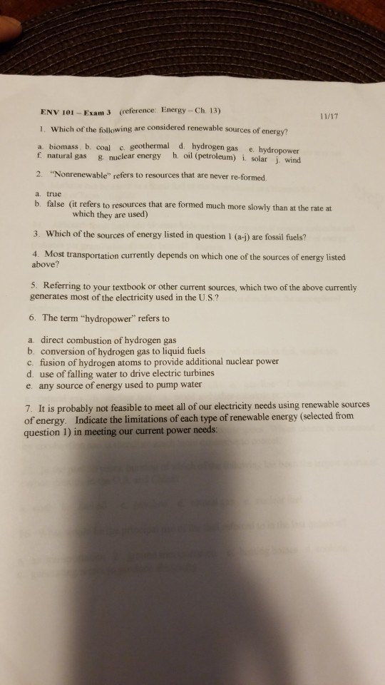 Solved ENV 101-Exam 3 (reference: Energy-Ch. 13) 1. Which of | Chegg.com