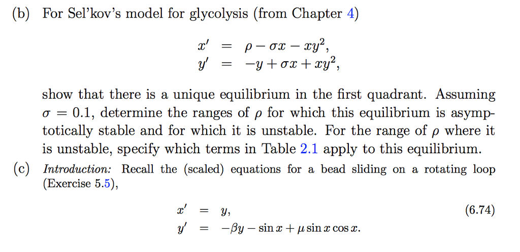 (b) For Sel'kov's model for glycolysis (from Chapter | Chegg.com