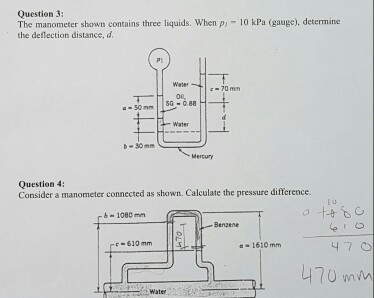 Solved Question 3: The manometer shown contains three | Chegg.com