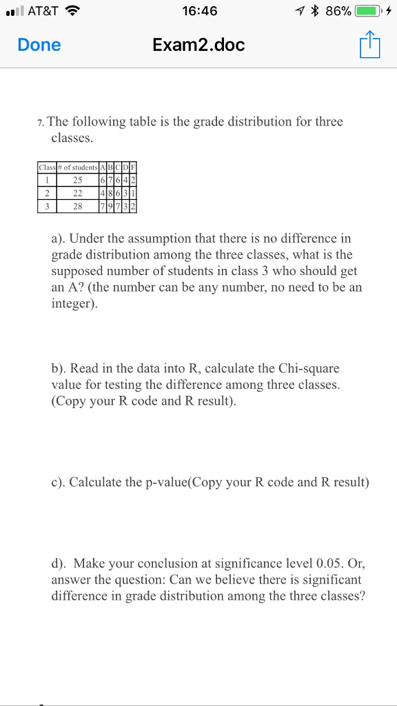 Solved AT&T 16:46 Done Exam2.doc 7. The following table is | Chegg.com