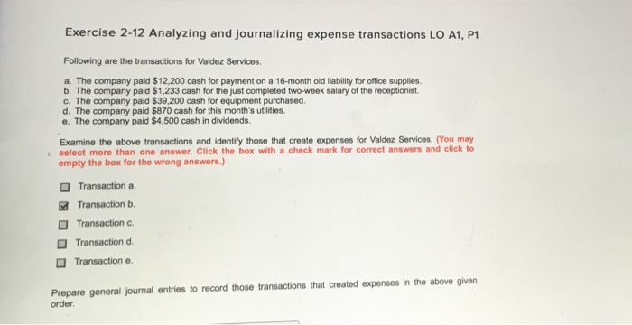 Solved Exercise 2-12 Analyzing and journalizing expense | Chegg.com