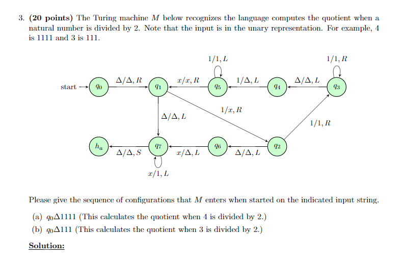 Solved 3. (20 points) The Turing machine M below recognizes | Chegg.com