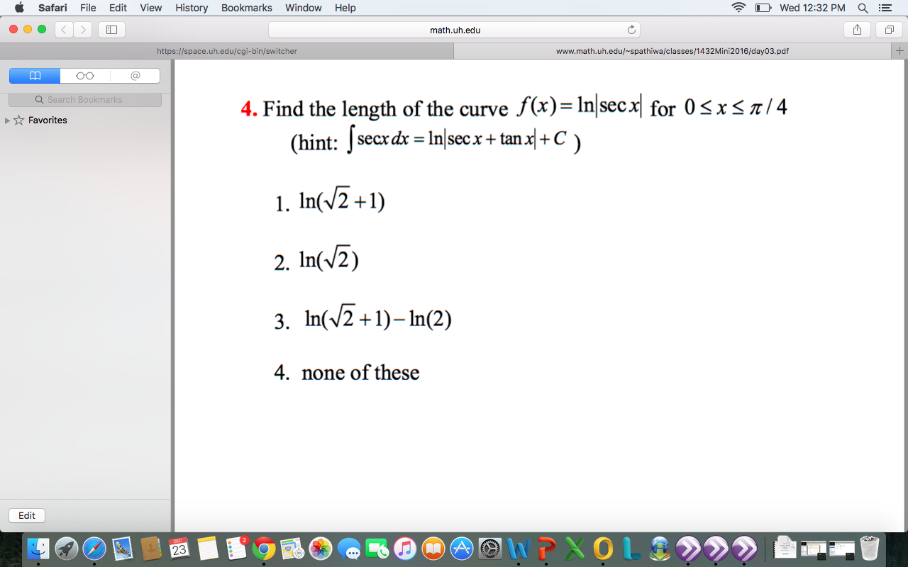 Solved FInd the length of the curve f(x) = ln|sec x| for 0 | Chegg.com