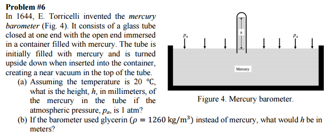 Solved In 1644, E Torricelli invented the mercury barometer. | Chegg.com