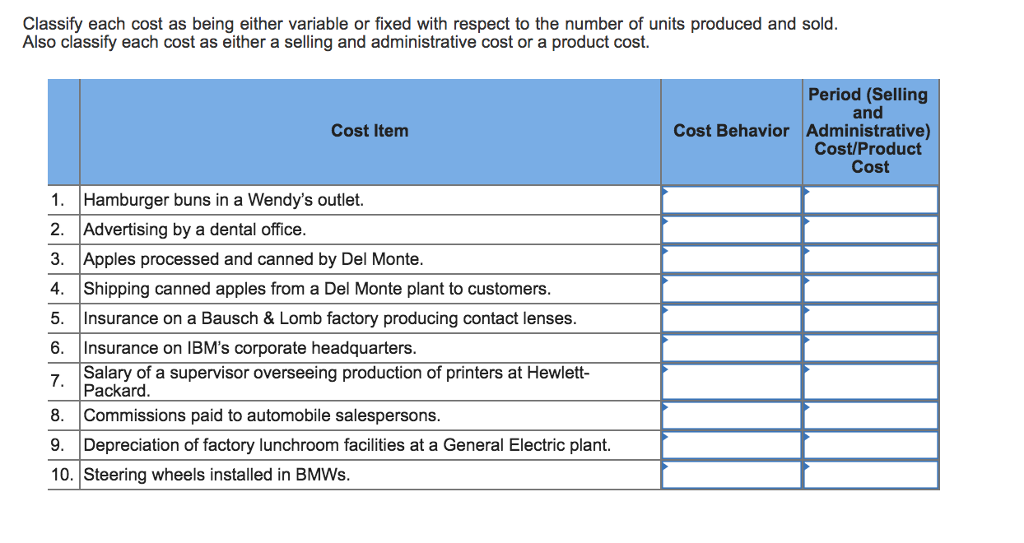 Solved Classify each cost as being either variable or fixed | Chegg.com Solved Classify each cost as being either variable or fixed | Chegg.com