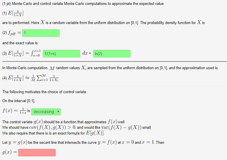 Solved 1 Pt Monte Carlo And Control Variate Monte Carlo