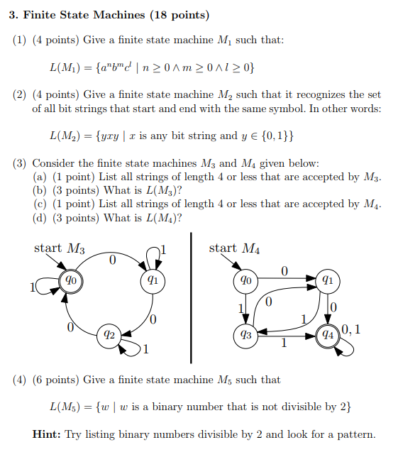 Solved 3. Finite State Machines (18 points) (1) (4 points) | Chegg.com